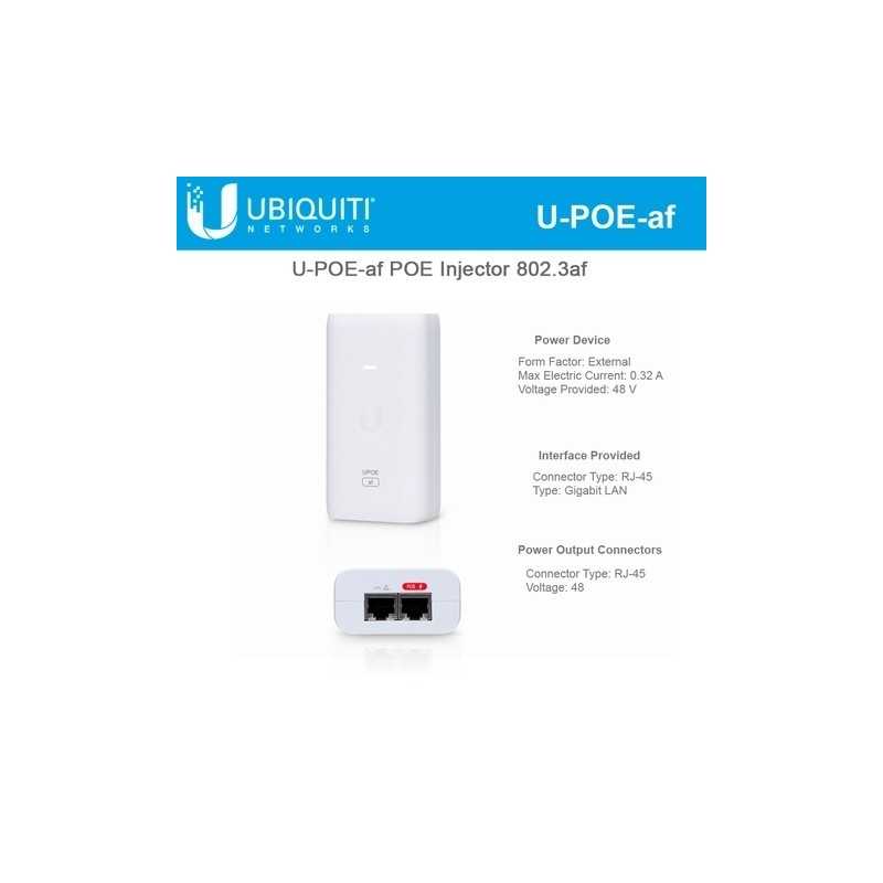 Ubiquiti U-POE-af POE Injector 802.3af 48VDC 0.32A 15.4W Gigabit, Reset