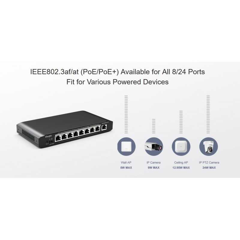 RG-ES109G-LP-L Ruijie UnManaged Gigabit POE Switch 8 Port